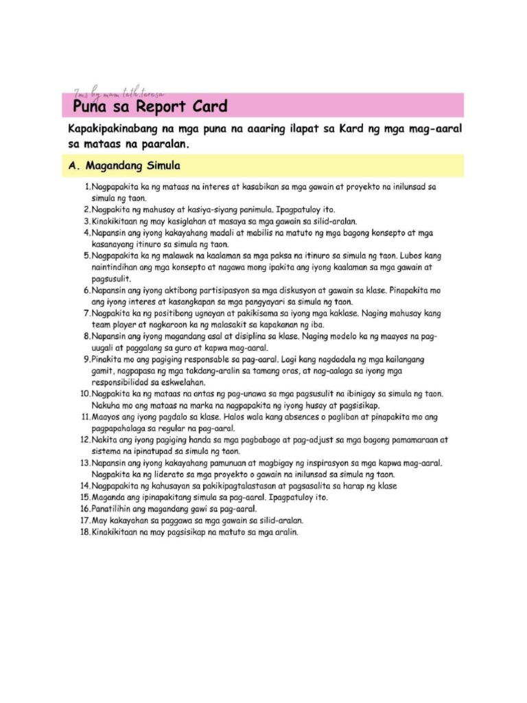 Mga Puna Sa Report Card | PDF