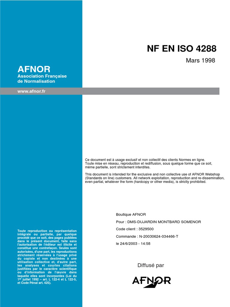 NF EN ISO 4248 - E 05-054_0398 - Règles et procédures pour l´évaluation de l´état de surface | PDF