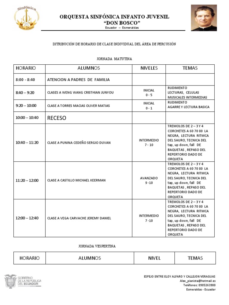 Horario de Clase Individual de Percusion para El Maestro Elias Cañola ...