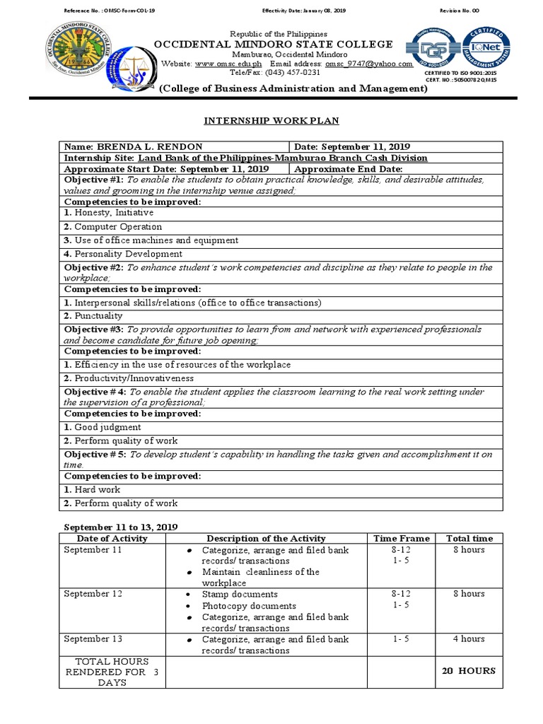 Internship Work Plan for Brenda Rendon | PDF