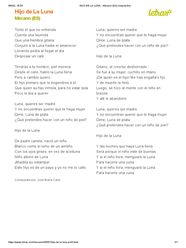 Letra de "Hijo de la Luna" de Mecano | PDF