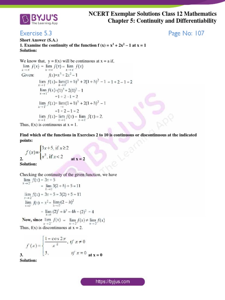 Ncert Exemplar Jan2021 Solutions Class 12 Maths Chapter 5 | PDF | Continuous Function | Function ...
