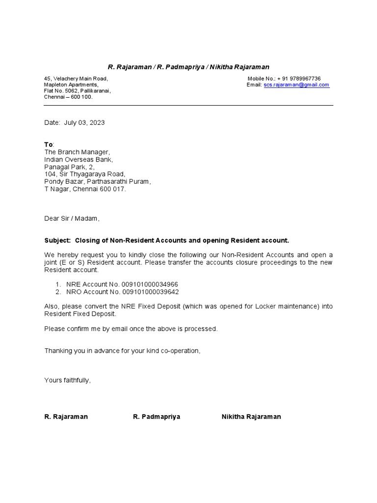NRI Account Closure and Conversion Request | PDF