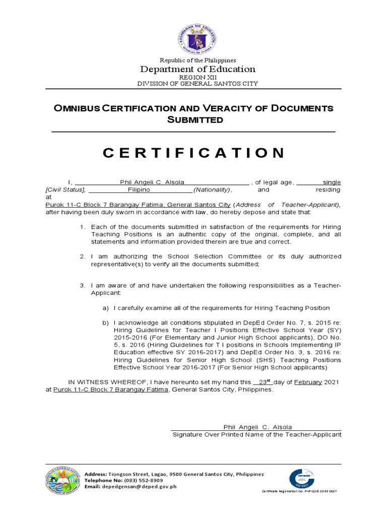Omnibus Certification and Veracity of Documents | PDF | Government