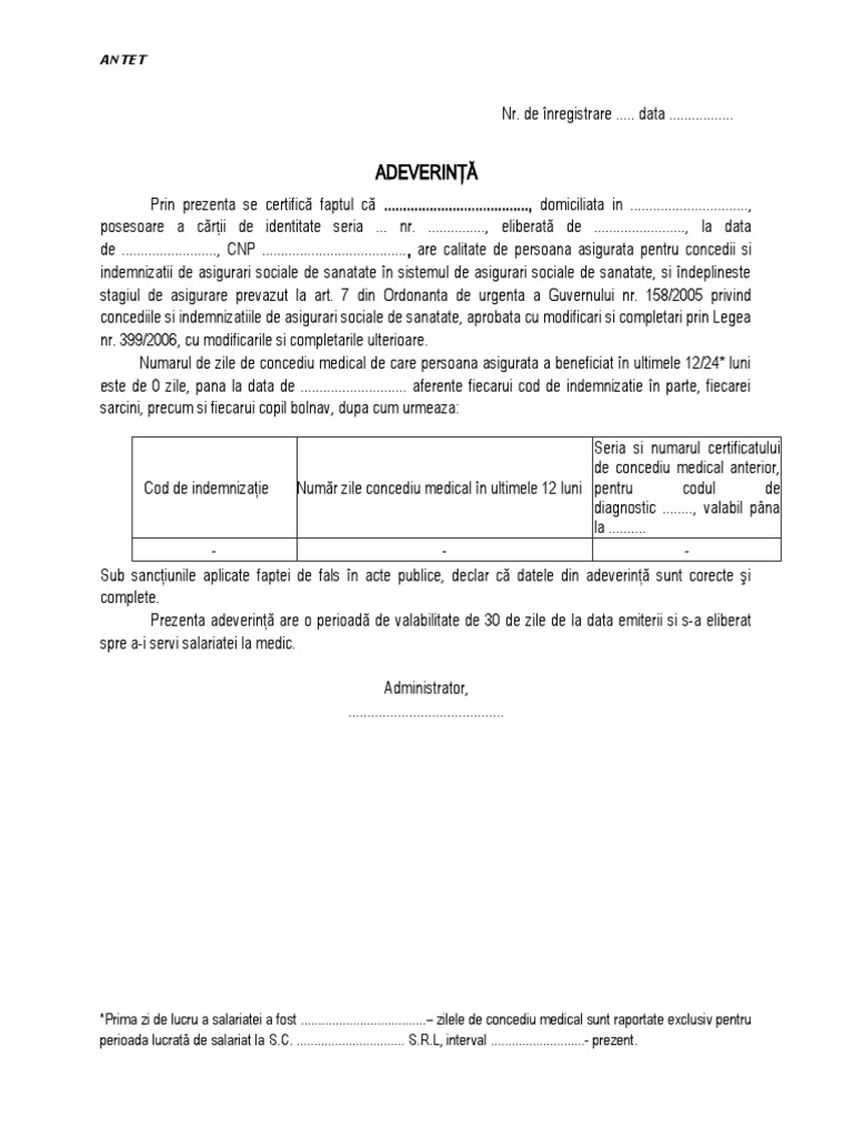 Adeverinta Medic | PDF