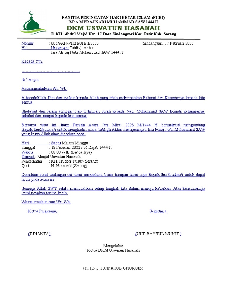 Contoh Surat Undangan Isra Miraj 2023 doc | PDF