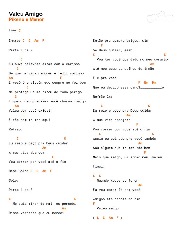 Cifra Club - Pikeno e Menor - Valeu Amigo | PDF