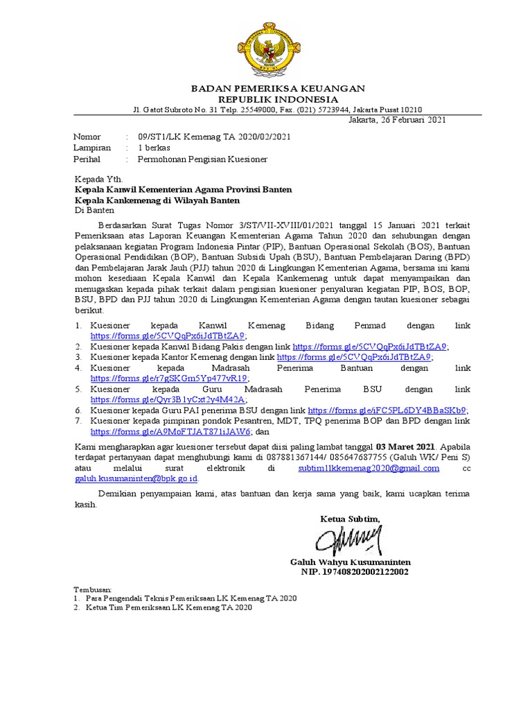 Surat Kuesioner BPK RI | PDF