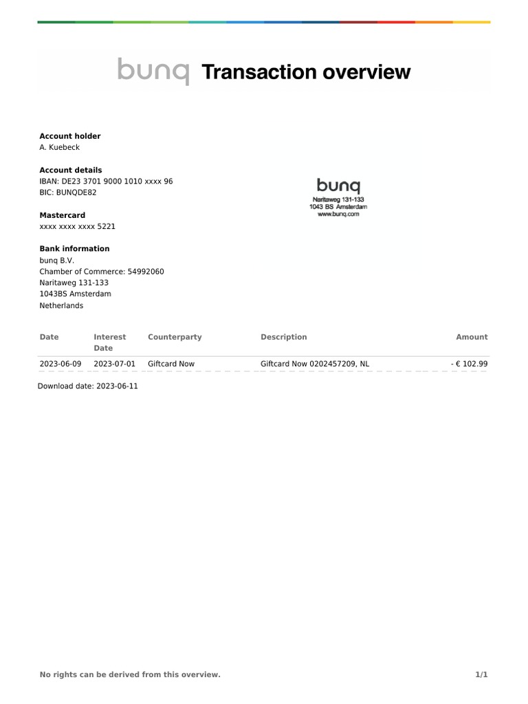 bunq Account Statement Overview 2023 | PDF
