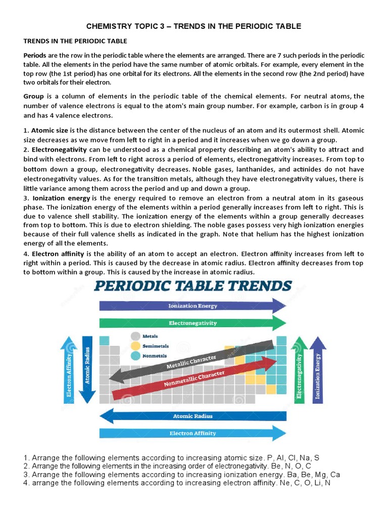 CHEMISTRY TOPIC 3 Trends | PDF | Periodic Table | Atoms