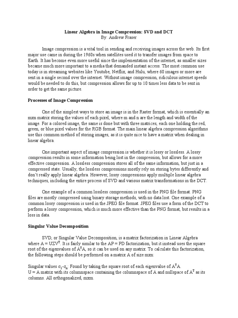 Linear Algebra in Image Compression - SVD and DCT | PDF | Data Compression | Matrix (Mathematics)