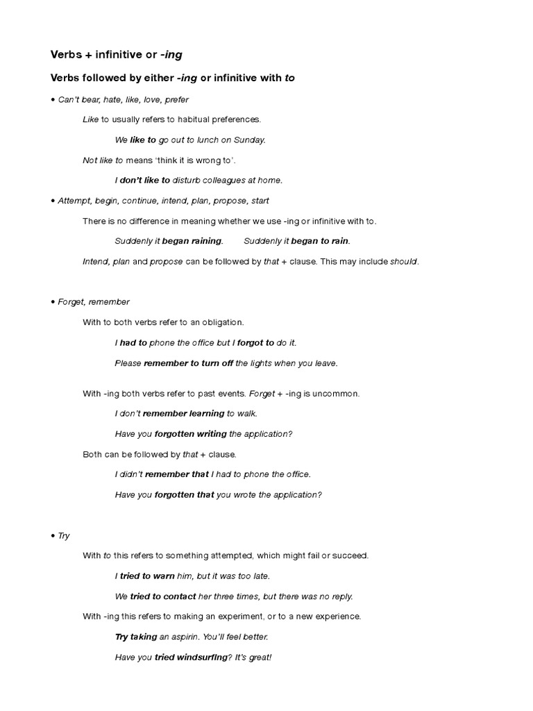 Cae - Verbs + Infinitive or Ing | PDF | Verb