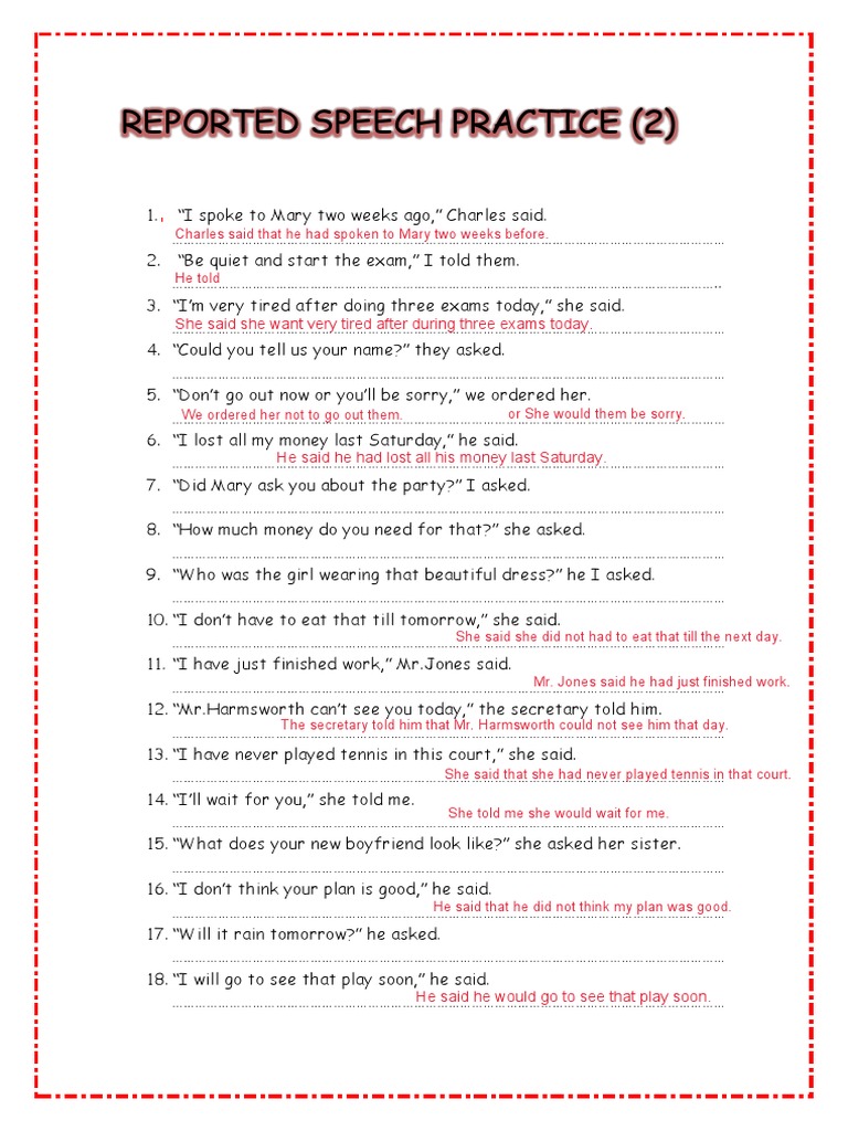 Reported Speech Practice Exercises | PDF