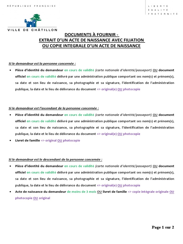 Documents Extrait Acte Naissance Avec Filiation 627 | PDF | Certificat ...