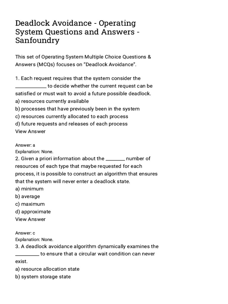 Deadlock Avoidance - Operating System Questions and Answers - Sa | PDF ...