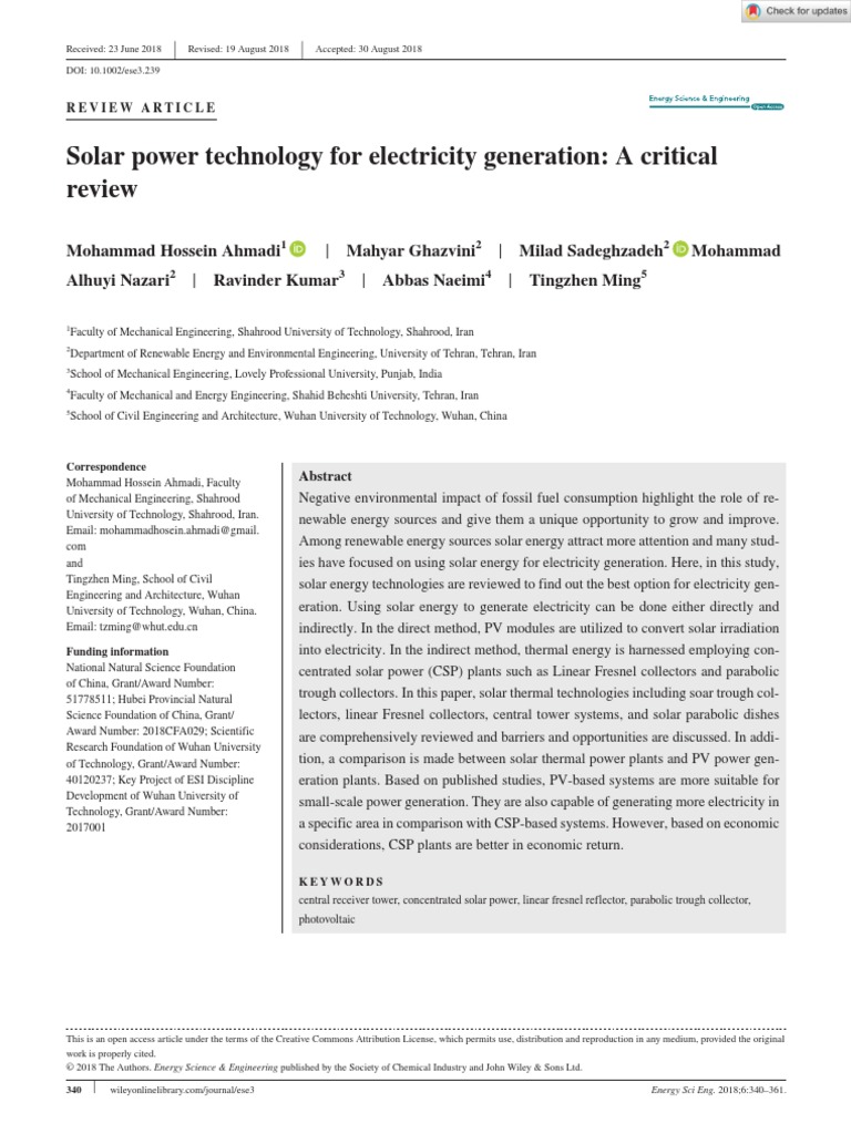 Energy Science Engineering - 2018 - Ahmadi - Solar Power Technology For Electricity Generation A ...