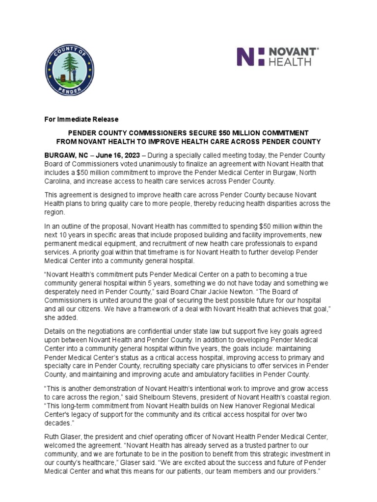 Pender Novant LOI Release | PDF | Hospital | Medicine