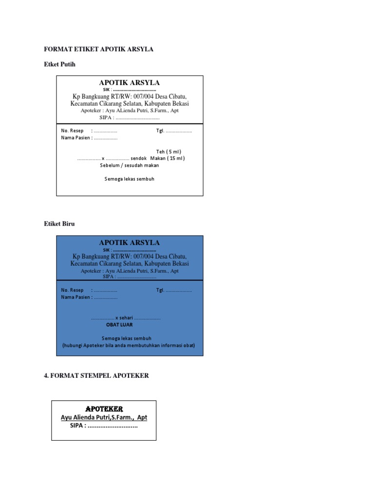 FORMAT ETIKET APOTIK Arsyla | PDF