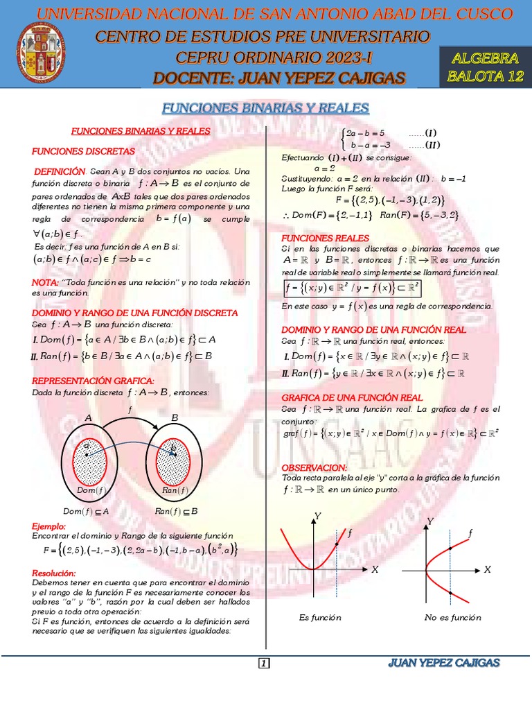 Algebra Balota 12 Funciones Binarias y Reales Cepru 2023-I | PDF | Función (Matemáticas ...