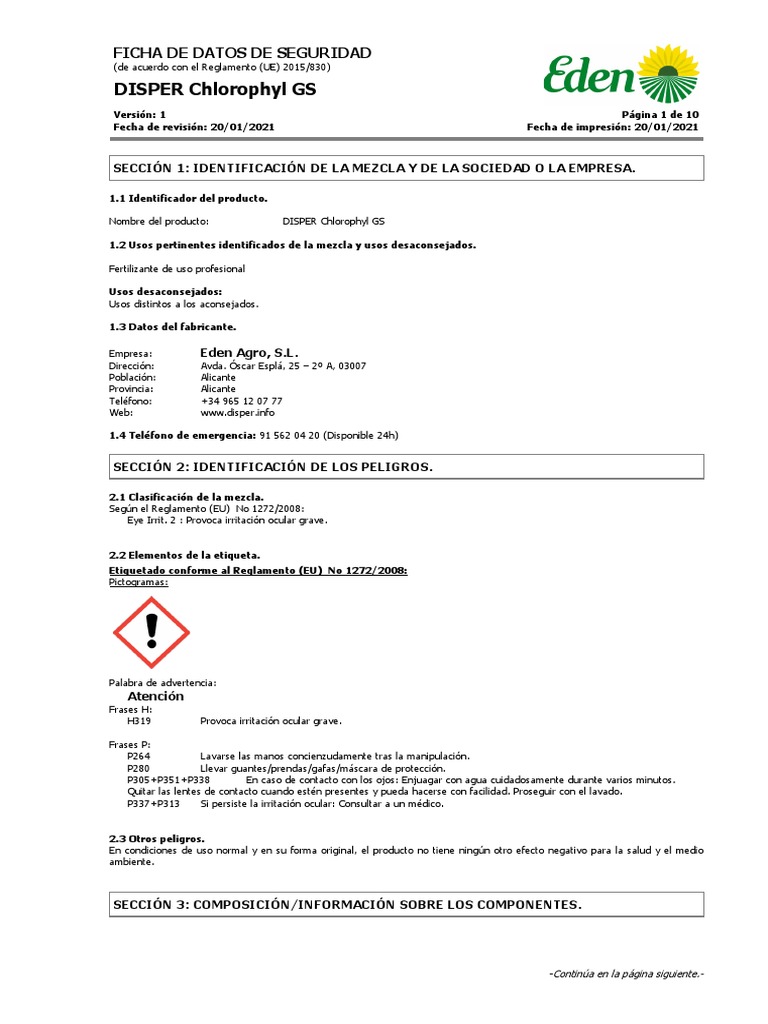 DISPER Chlorophyl GS: Ficha de Datos de Seguridad | PDF | Agua | Ventilación (Arquitectura)