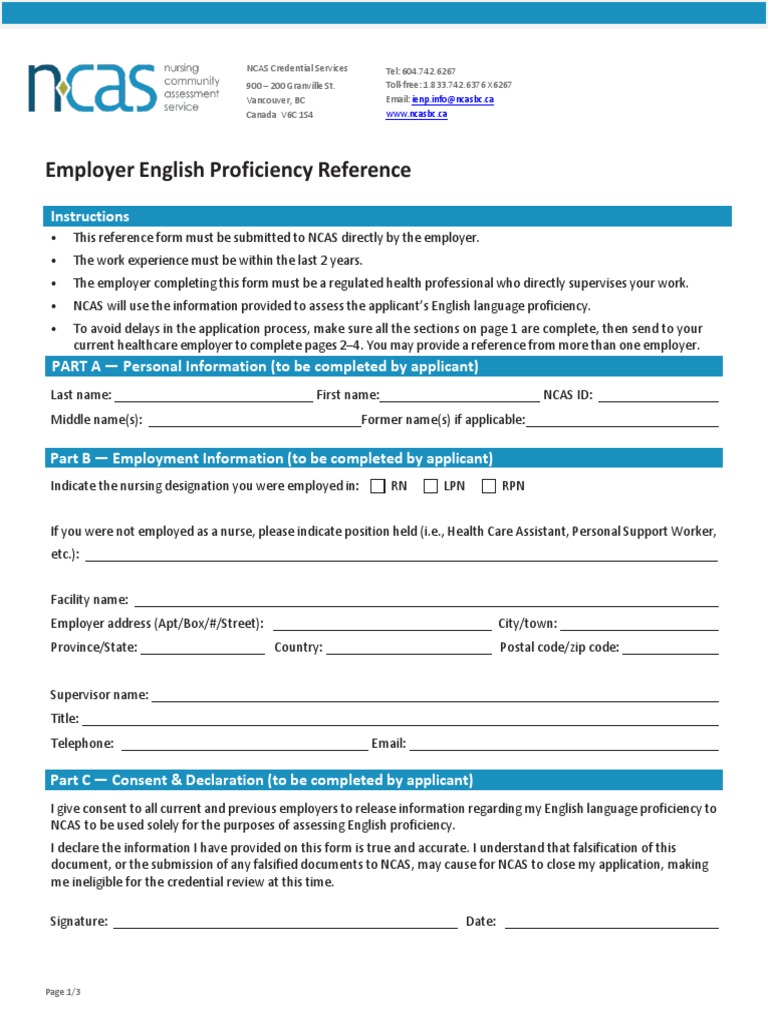NCAS Employer English Proficiency Reference Form | PDF | Communication ...