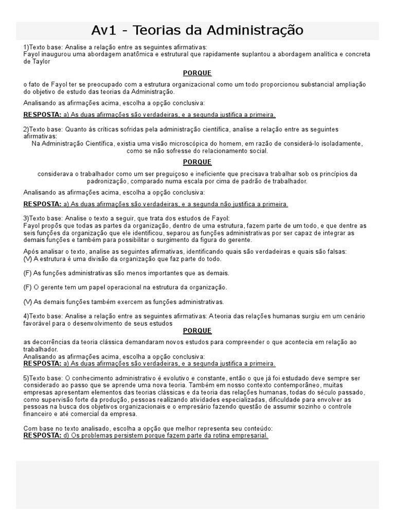 Av1 e Av2 - Teorias Da Administração | PDF