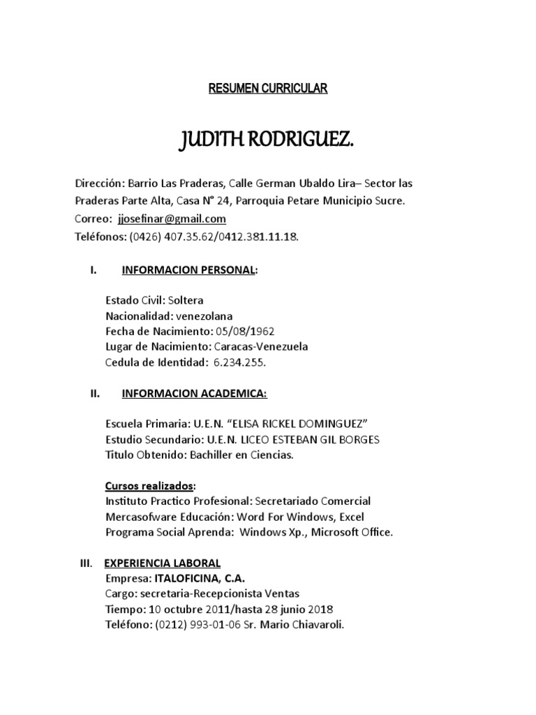 CV de Judith Rodríguez en Italoficina | PDF