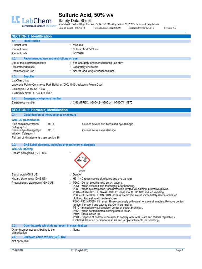 LC25640 H2SO4 50 Msds | PDF | Toxicity | Occupational Safety And Health