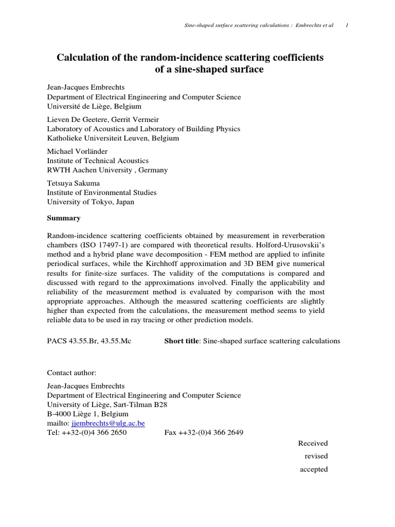 Embrechts Et Al. - Calculation of The Random-Incidence Scattering Coe | PDF | Scattering ...