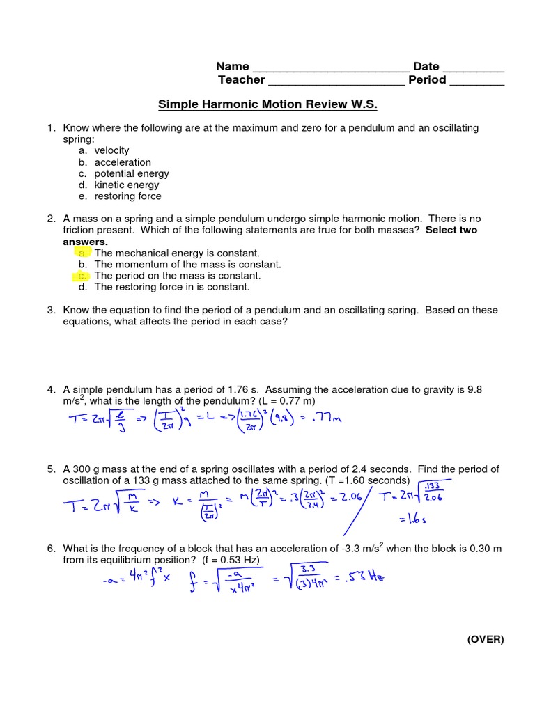 Simple Harmonic Motion Review Worksheet With Answers | PDF