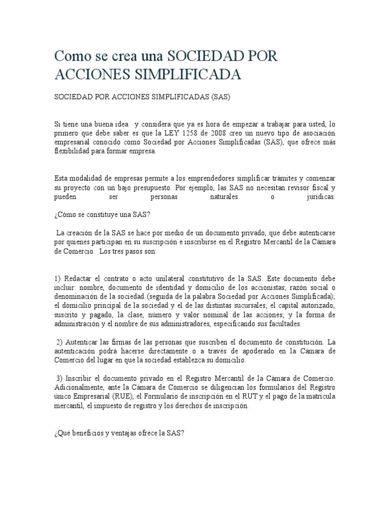 Como Se Crea Una SOCIEDAD POR ACCIONES SIMPLIFICADA | Unduh gratis PDF ... Como Se Crea Una SOCIEDAD POR ACCIONES SIMPLIFICADA | Unduh gratis PDF ...