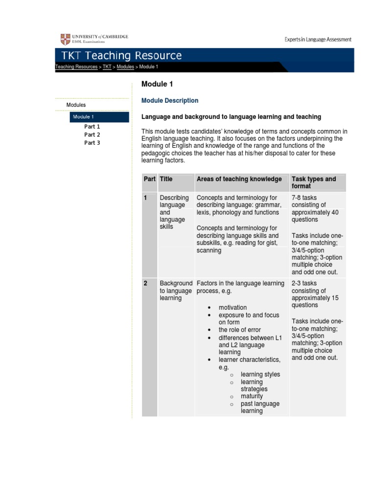 TKT Module 1 Overview | PDF | Second Language | Learning