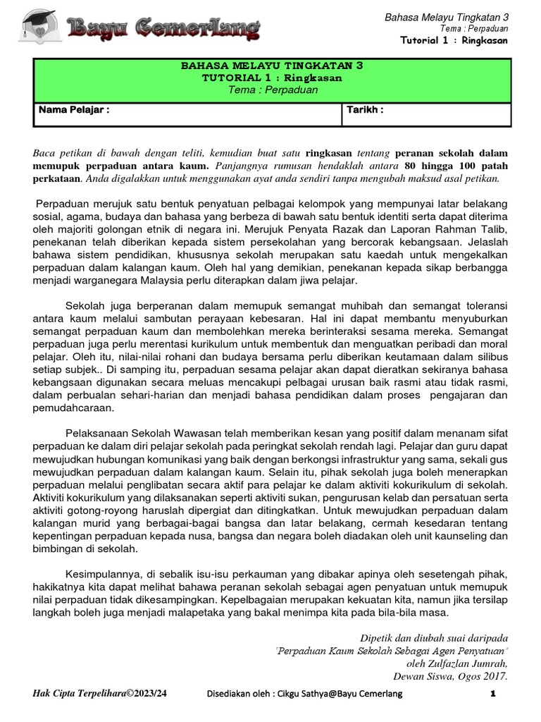 T3 - TUT 1 - Ringkasan-Perpaduan | PDF