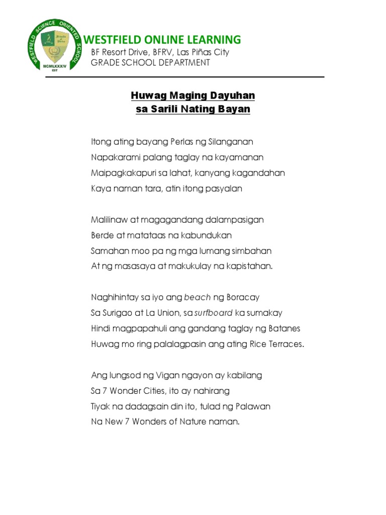 4th Quarter. FILIPINO 4 - Huwag Maging Dayuhan sa Sarili Nating Bayan | PDF