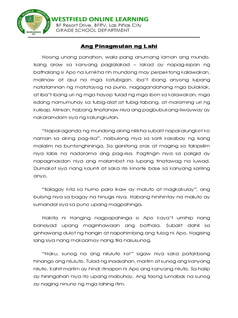 4th Quarter. FILIPINO 4 - Ang Pinagmulan NG Lahi | PDF