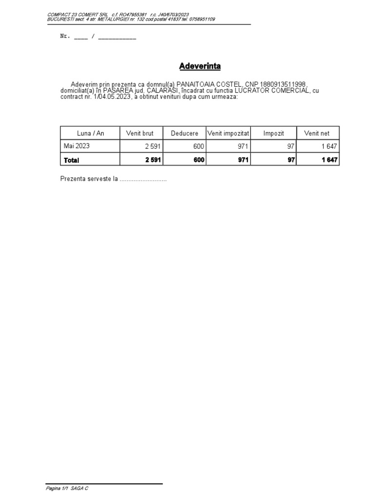 Adeverinta Venit | PDF