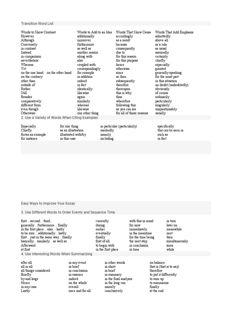 Essential Transition Words for Writing | PDF | Language Arts & Discipline