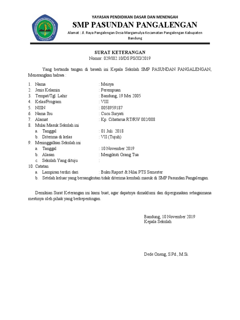 surat keterangan Mutasi Siswa | PDF