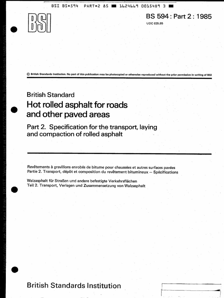 (BS 594-2 - 1985) - Hot Rolled Asphalt For Roads and Other Paved Areas ...