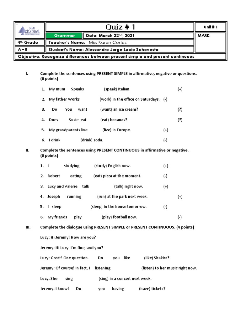 Quiz 1 Present Simple Vs Present Continuous Pdf Linguistics