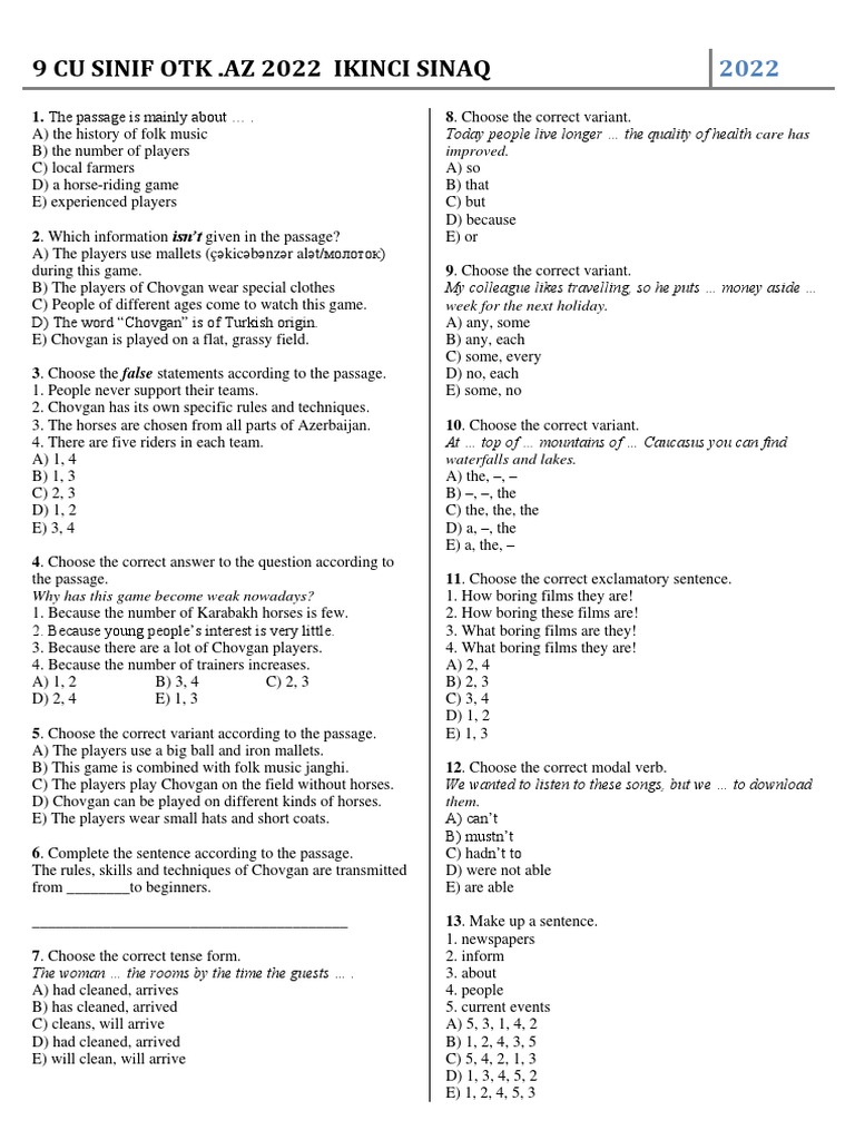 9 Cu Sinif Otk .Az 2022 Ikinci Sinaq | PDF