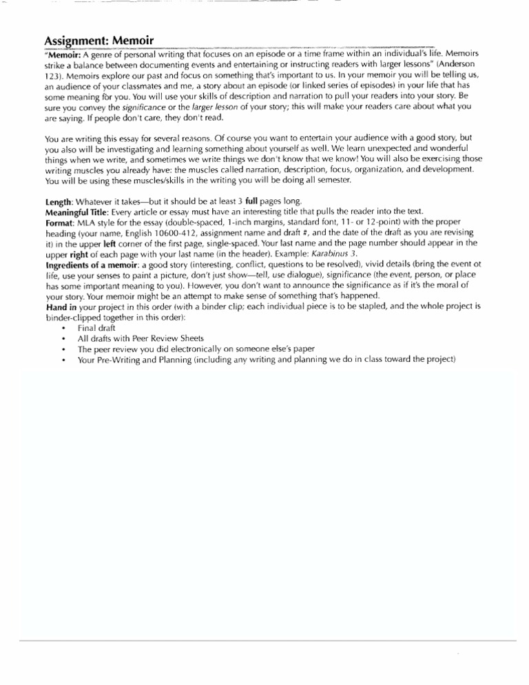 Memoir Assignment | PDF | Writing | Communication
