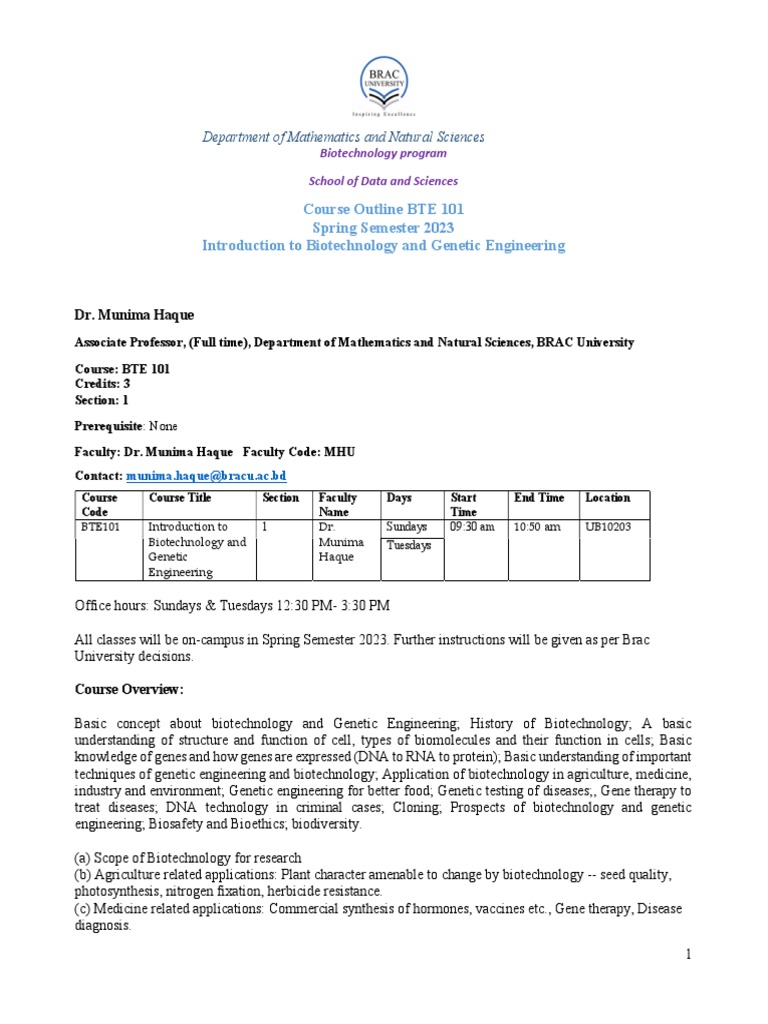 BTE101_Course_outline_DMH_BRACU_physicalclass_section1_20-1-2023 | PDF | Biotechnology | Genetic ...