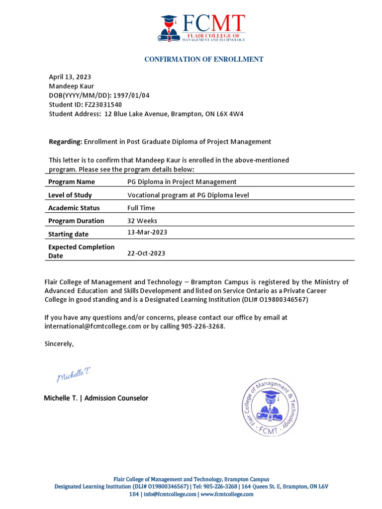 Mandeep Enrollment Letter | PDF
