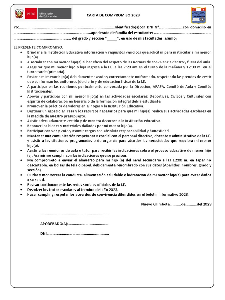 Compromiso Para Padres de Familia 2023 | PDF