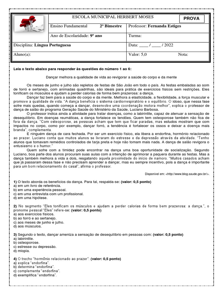 2022_Herbert Moses_Prova de Português 9º ano 2º Bimestre_Correta | PDF ...