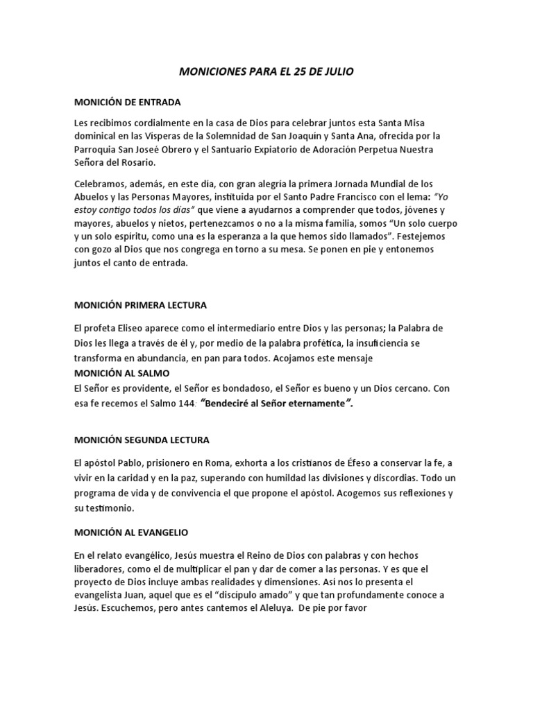 MONICIONES MISA 25 de JULIO | PDF | Misa (liturgia) | eucaristía