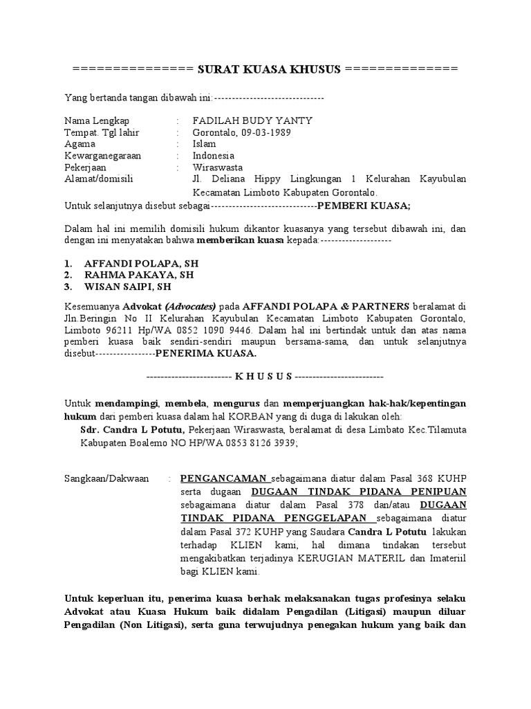 SURAT KUASA KHUSUS Fadilan Oengancaman | PDF | Hukum