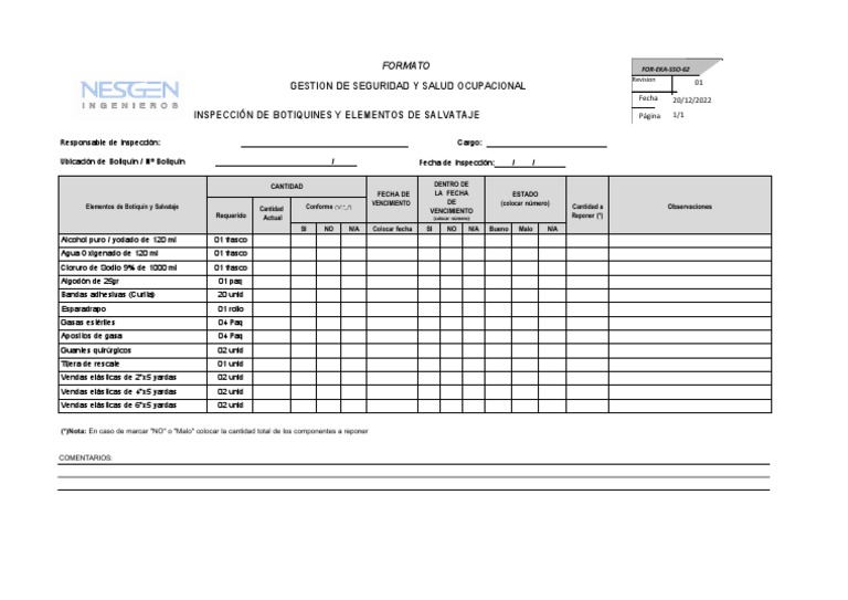 Nesgen-Gsst-14 Inspeccion de Botiquines (Para Registro) | PDF ...