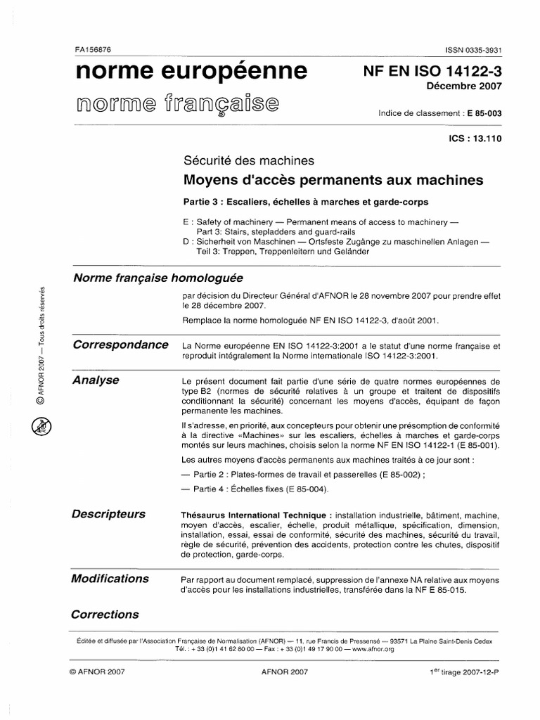 En 14122 3 Accès Aux Machines Escaliers Échelles À Marche Et Garde Corps 05 2001 | PDF